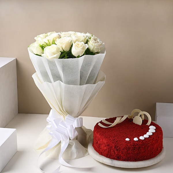 Order White Roses And Red Velvet Cake online | Get same day delivery ...